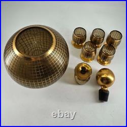 Vintage Art Deco gold grid round decanter w stopper 6 cordial liquor ...