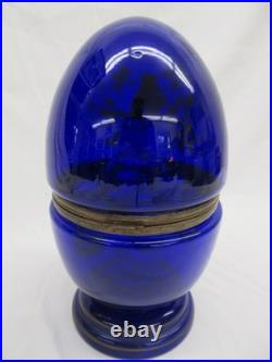 Vintage Czech blue glass Cellarette Tantalus, hand painted with ...